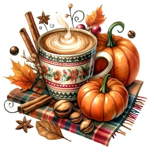 Plaid Fall Coffee Cup Clipart PNG - 15 Autumn Latte With Cinnamon ...