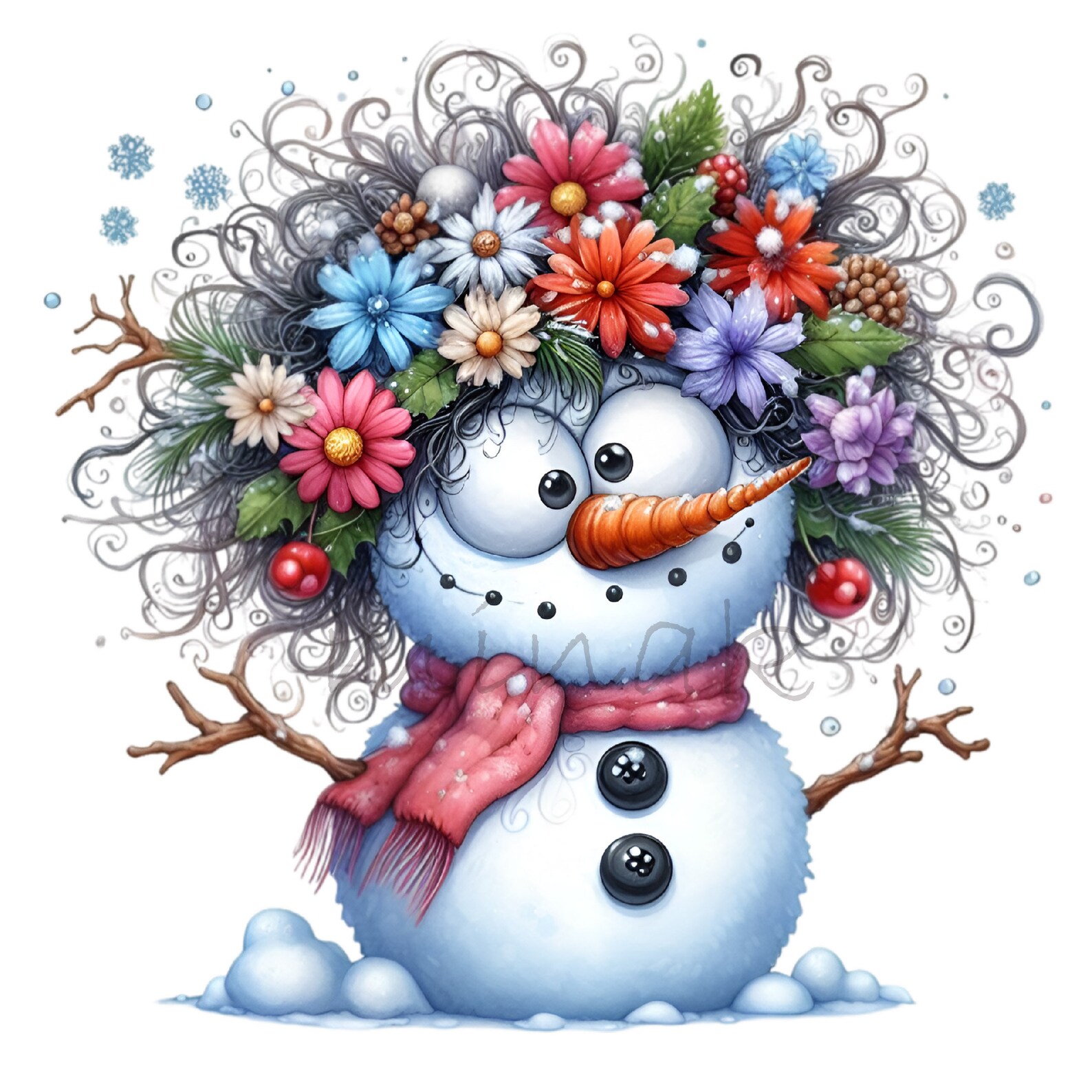 Flower Snowman Clipart 12 PNG Cute Cartoon Snowman With Floral Wreath ...