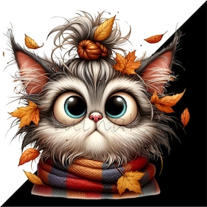 Adorable Fluffy Cat Clipart With Autumn Leaves and Pumpkins | Cute Fall ...