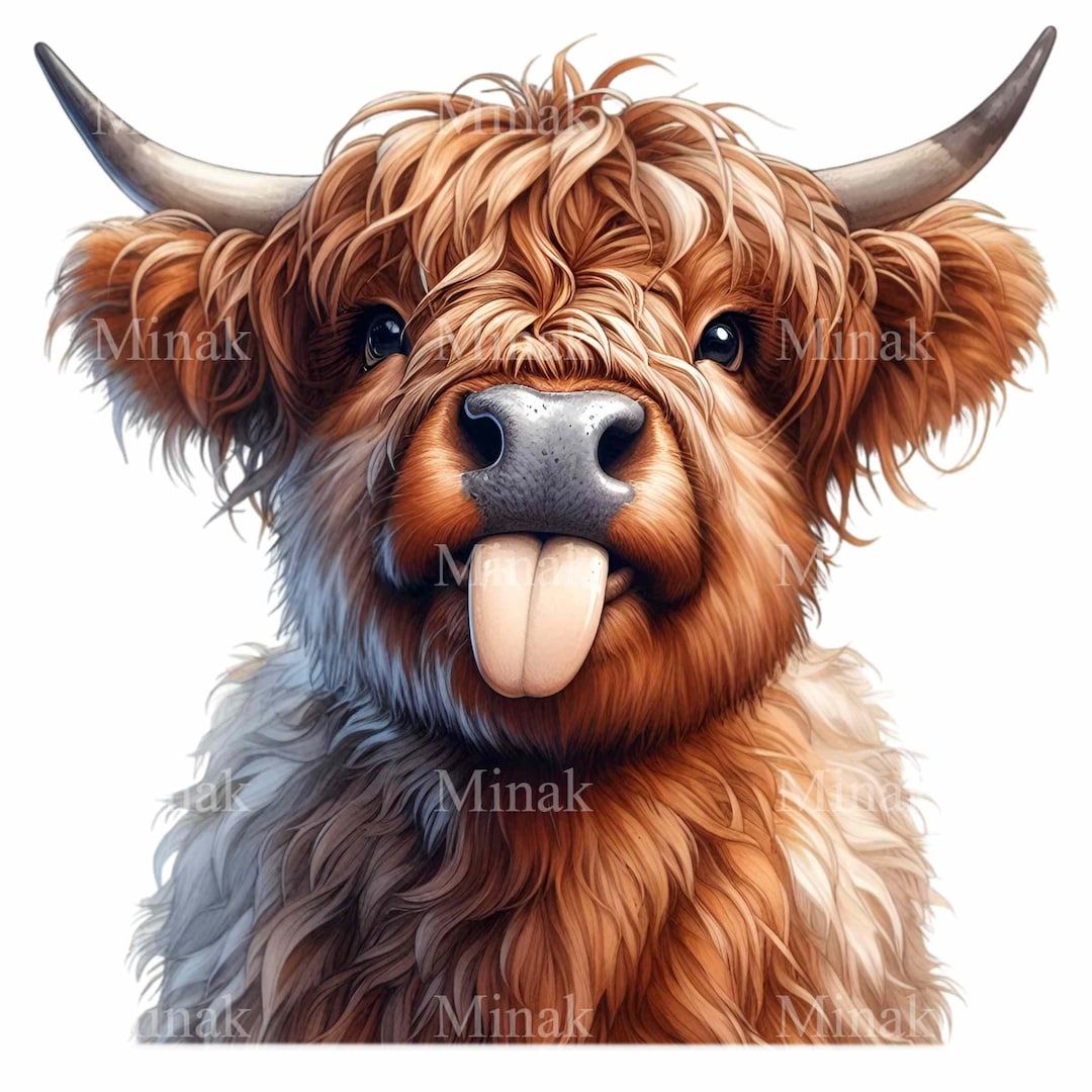 Funny Highland Cow Clipart, 10 Cute Cow Sticking Tongue Out, Playful ...