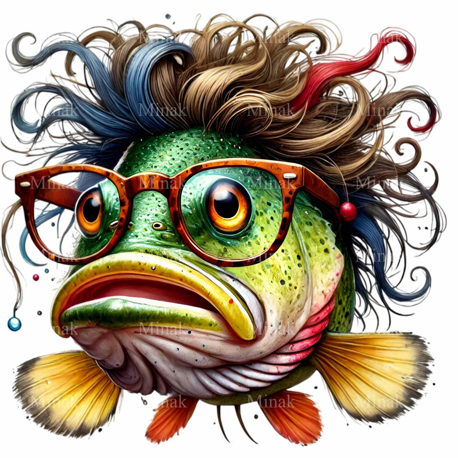 11 Funny Fish PNG Clipart, Quirky Fish With Messy Hair and Glasses ...