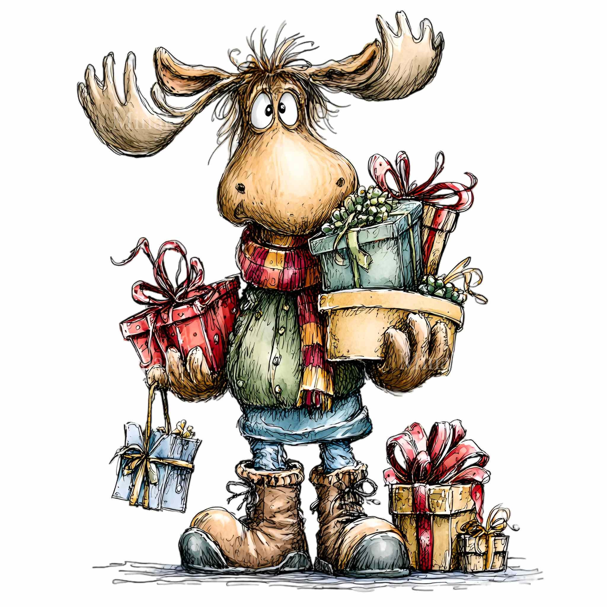 16 PNG Moose With Gifts Clipart – Cute Moose PNG – Winter Holiday Art ...