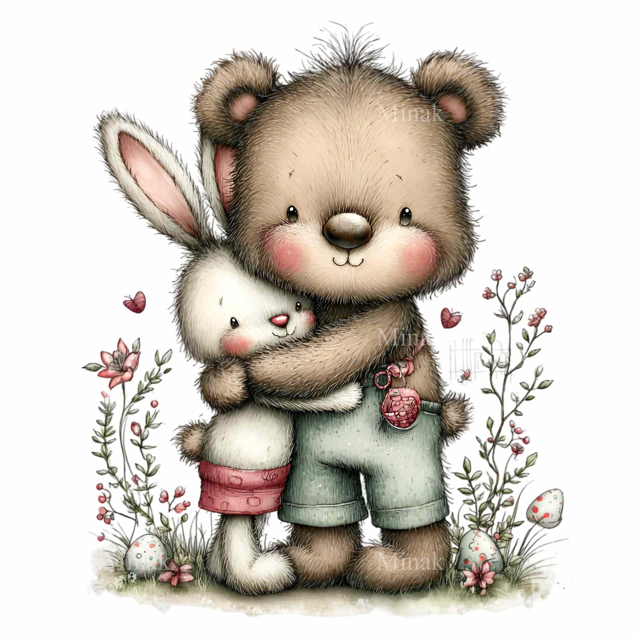 15 PNG Bear and Bunny Clipart – Sweet Animal Hug Illustration, Spring ...