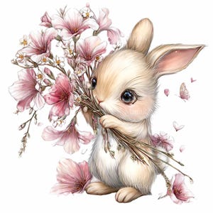 10 PNG Floral Bunny Clipart – Spring Rabbit With Rose Bouquet for ...