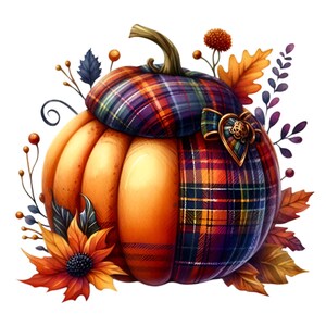 Plaid Pumpkin Clipart With Autumn Leaves and Wheat, Rustic Fall Decor ...