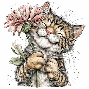 12 PNG Floral Cat Clipart - Cute Kitten With Flowers Digital Download ...
