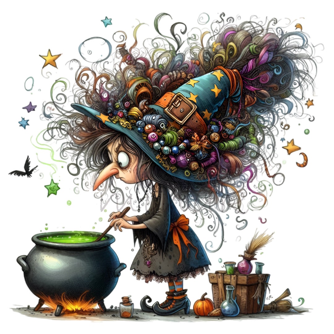 Whimsical Witch With Cauldron Digital Clipart 12 PNG Cute Halloween ...