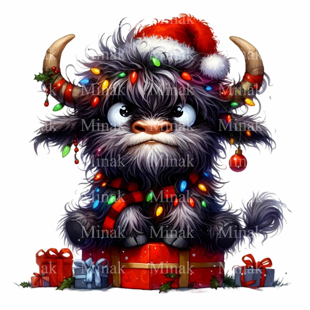 Christmas Yak Clipart With Santa Hat and Lights, 10 Cute Festive Animal ...
