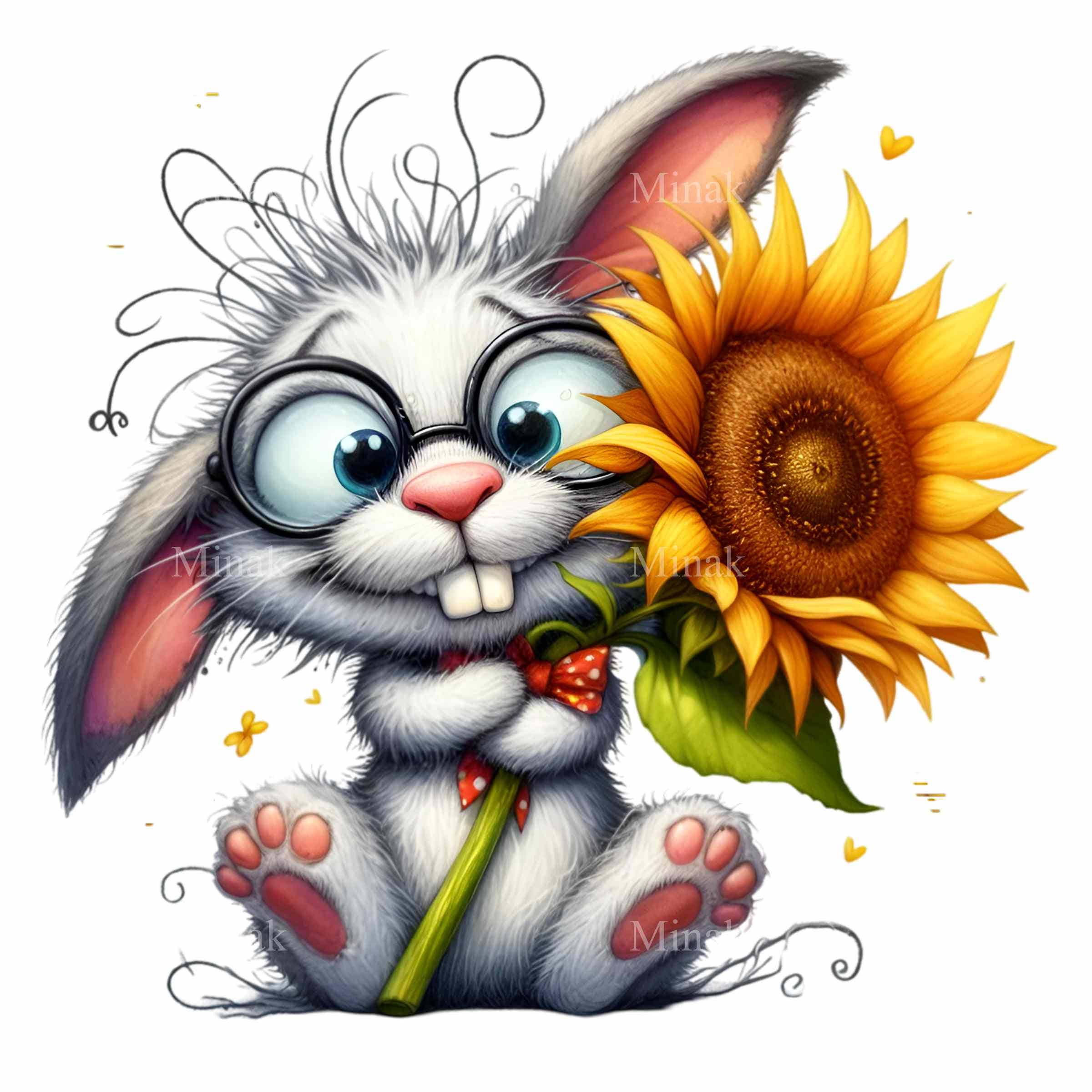 10 PNG Sunflower Bunny Clipart – Rabbit Art With Big Flower for Cards ...