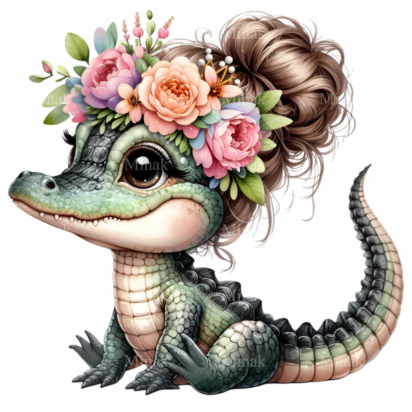 12 Cute Alligator PNG Clipart With Floral Crown and Butterflies | Baby ...