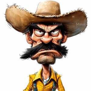 15 Funny Angry Cowboy PNG Clipart With Hat and Mustache, Whimsical ...