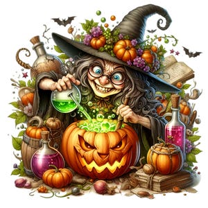 10 Halloween Witch Clipart PNG | Crazy Witch Brewing Potion in Pumpkin ...