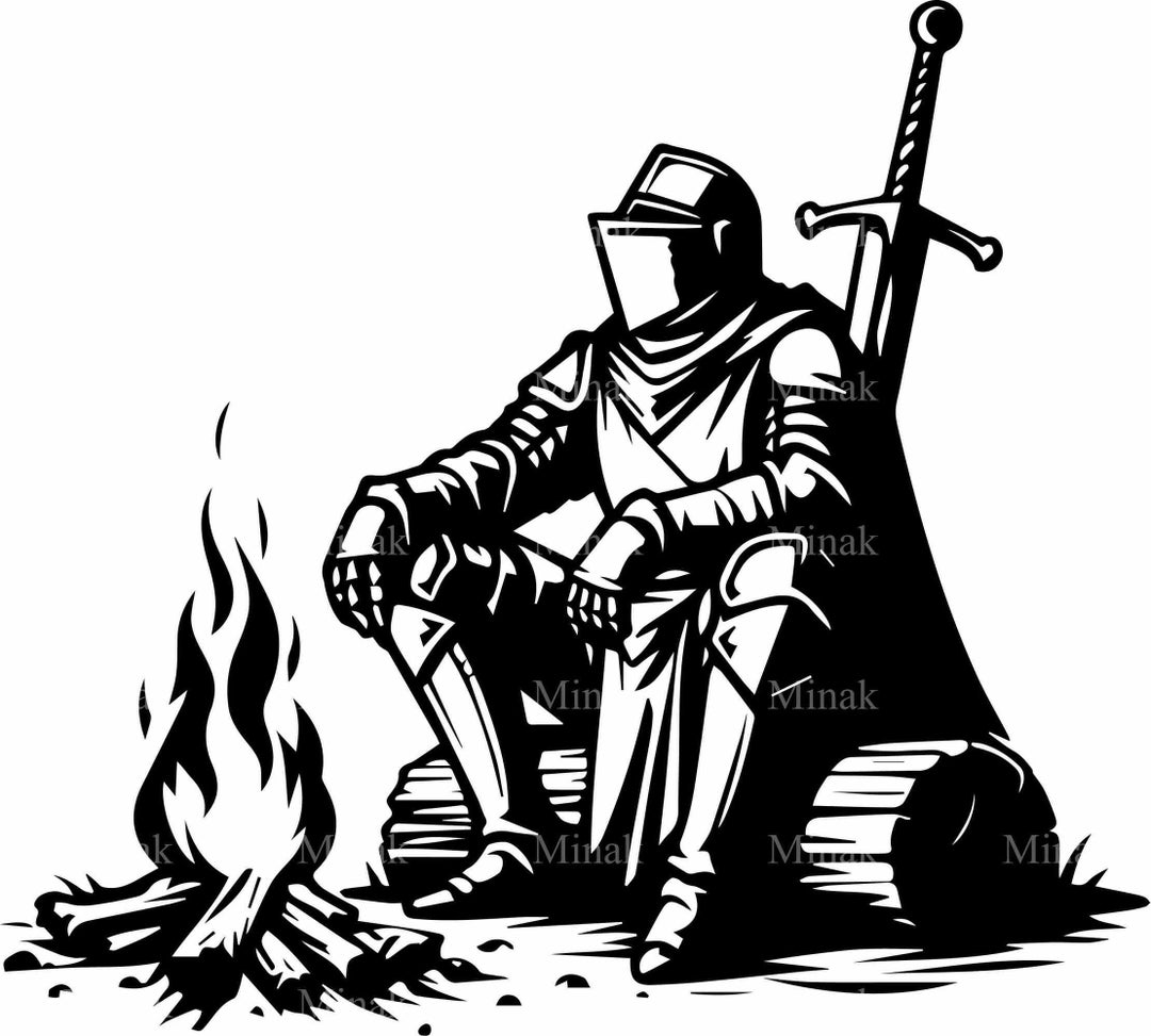 5 SVG Campfire Knight SVG Cut File – Warrior Resting by Fire Clipart ...