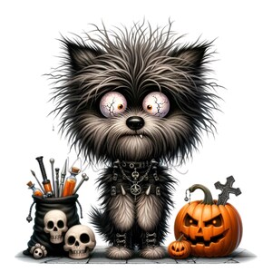 Spooky Halloween Dog Clipart PNG 12 Gothic Pup With Pumpkins and Bats ...
