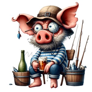 Funny Fishing Pig Clipart 15 Whimsical Pig With Fishing Rod and Beer ...