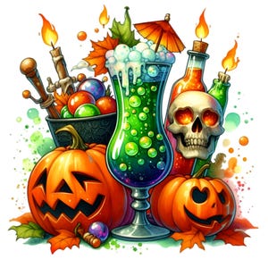 Halloween Potion Drinks With Skulls and Pumpkins Watercolor Clipart 14 ...