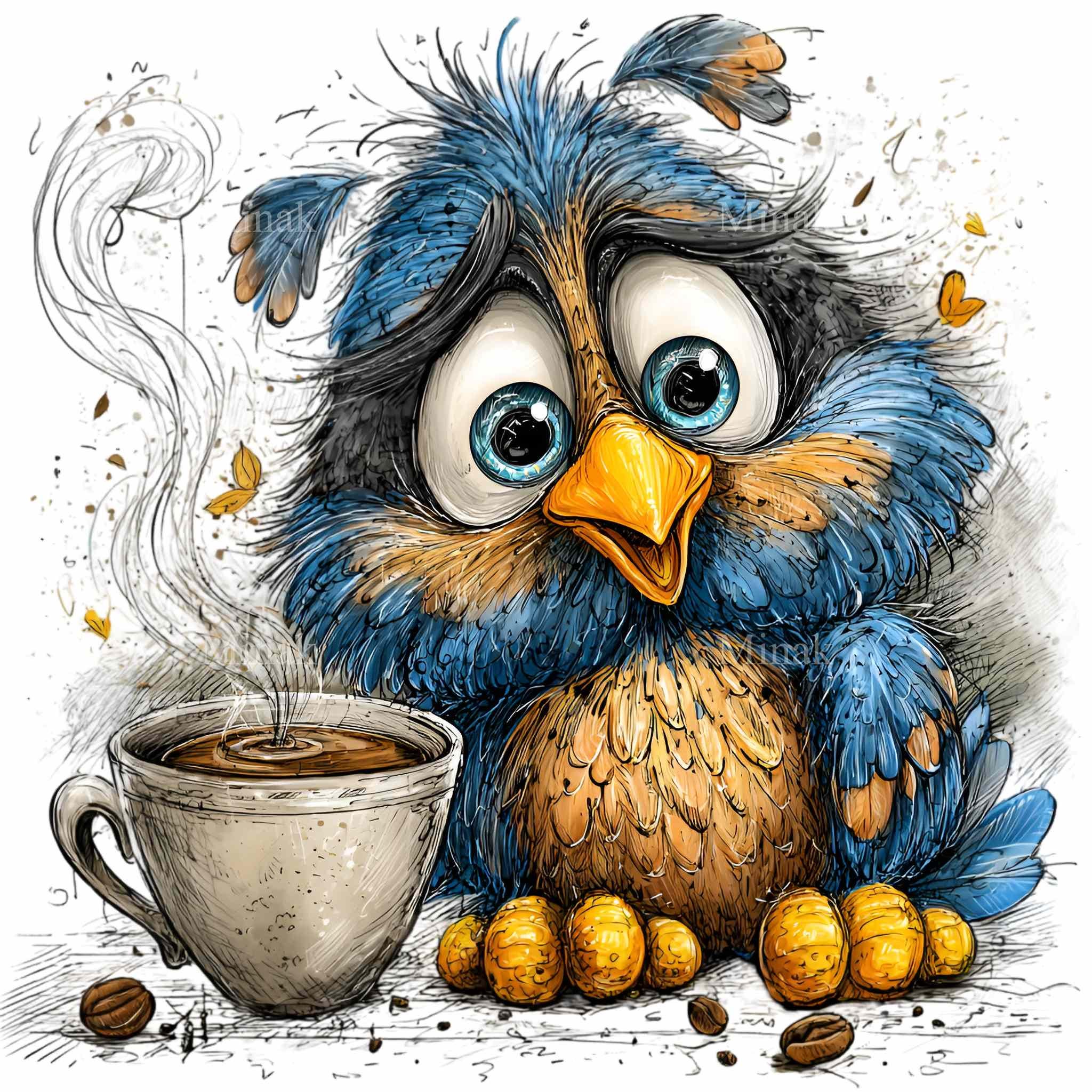 10 PNG Coffee Bird – Cute Blue Owl Clipart – Morning Coffee Art for ...
