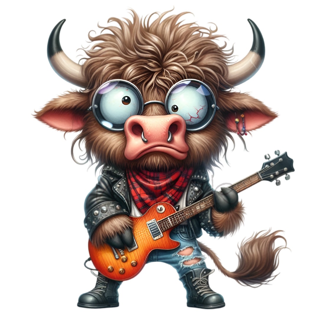 10 PNG Rockstar Cow Clipart – Funny Bull With Guitar Digital Download ...