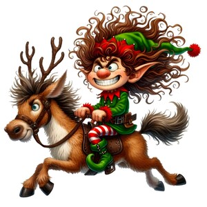 Whimsical Christmas Elf Riding Reindeer Clipart PNG - C10 Ute Festive ...