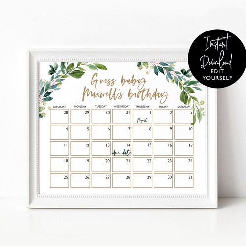 EDITABLE Greenery Baby Due Date Calendar Birthday Predictions - Etsy