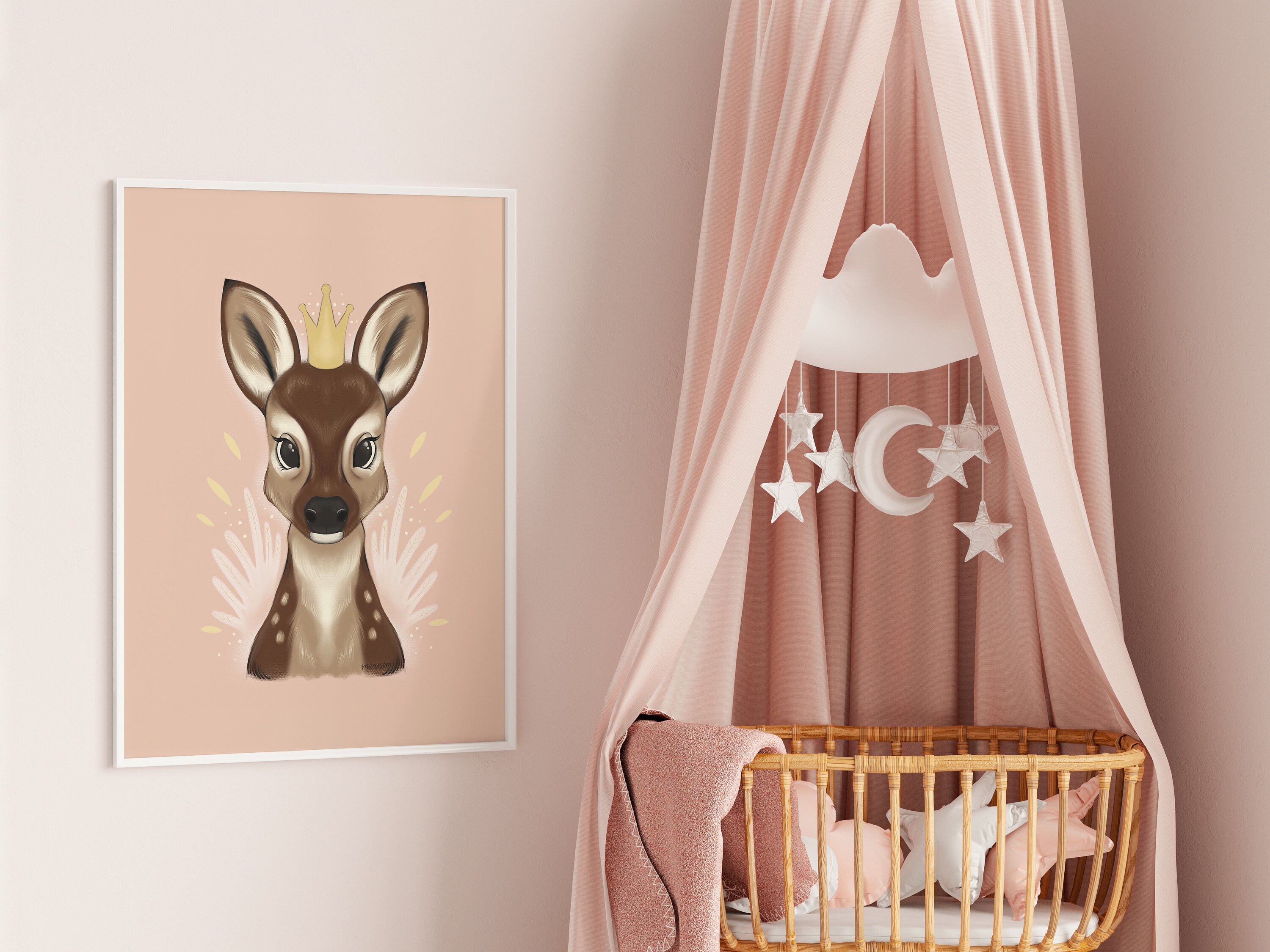 Afiche digital imprimible, dibujo digital, venado, oso, conejo, coronas ...