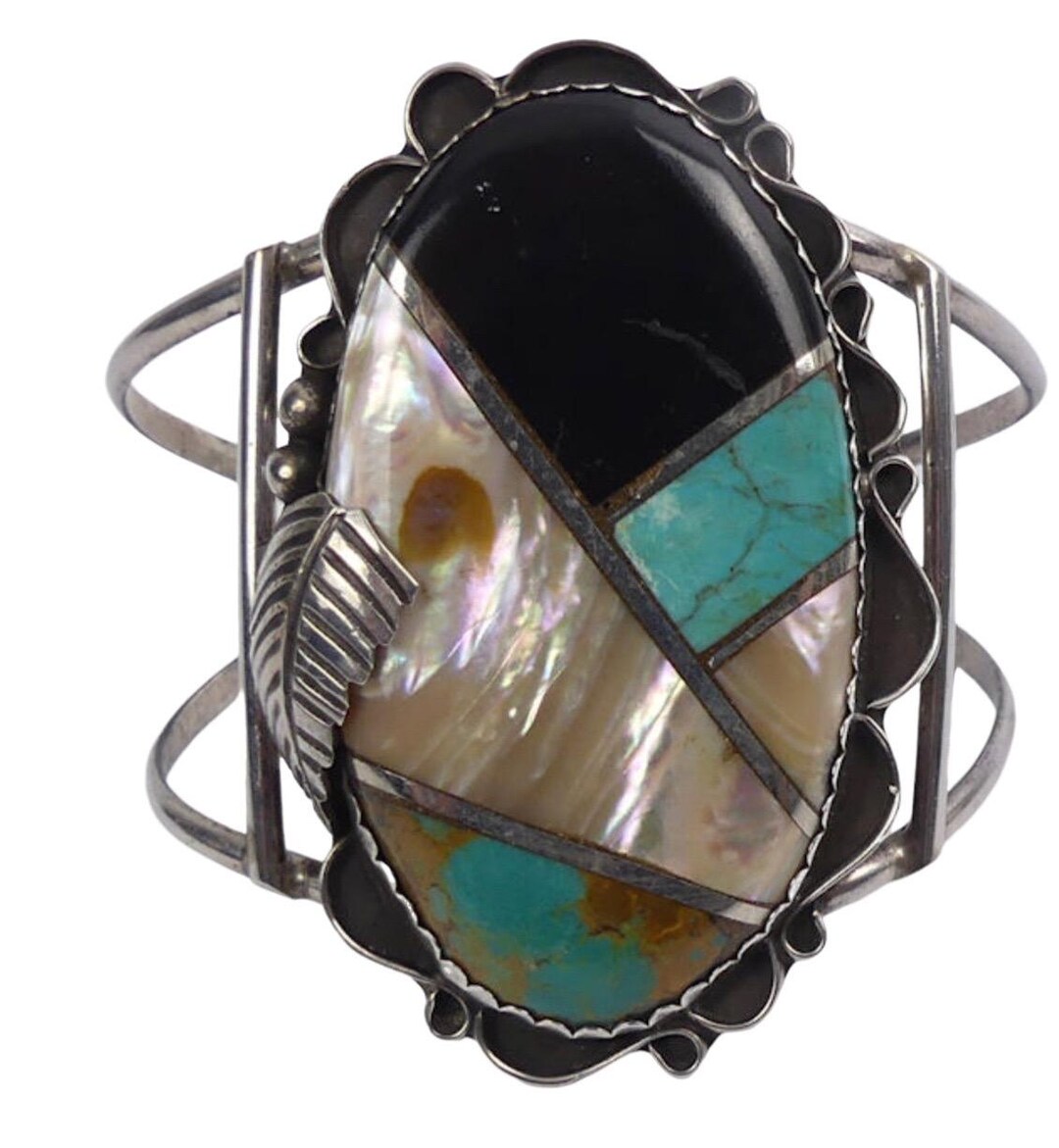 Vintage Navajo Sterling Silver Turquoise Onyx and Abalone Cuff Bangle ...