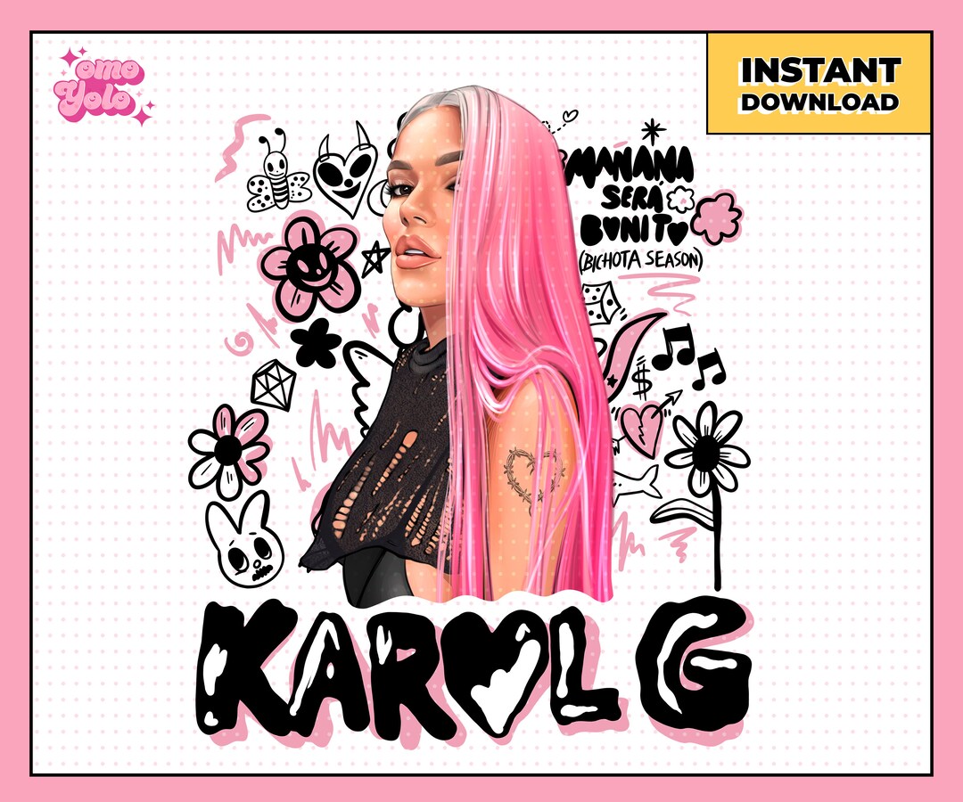 Karol G Pink Hair Png for Bichota Season Retro Black Shirt Digital ...