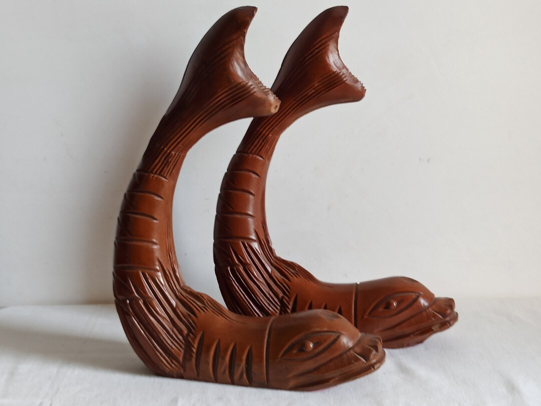Giant Pair of Fish Shaped Book Ends, Pair of Solid Wood Bookstands ...