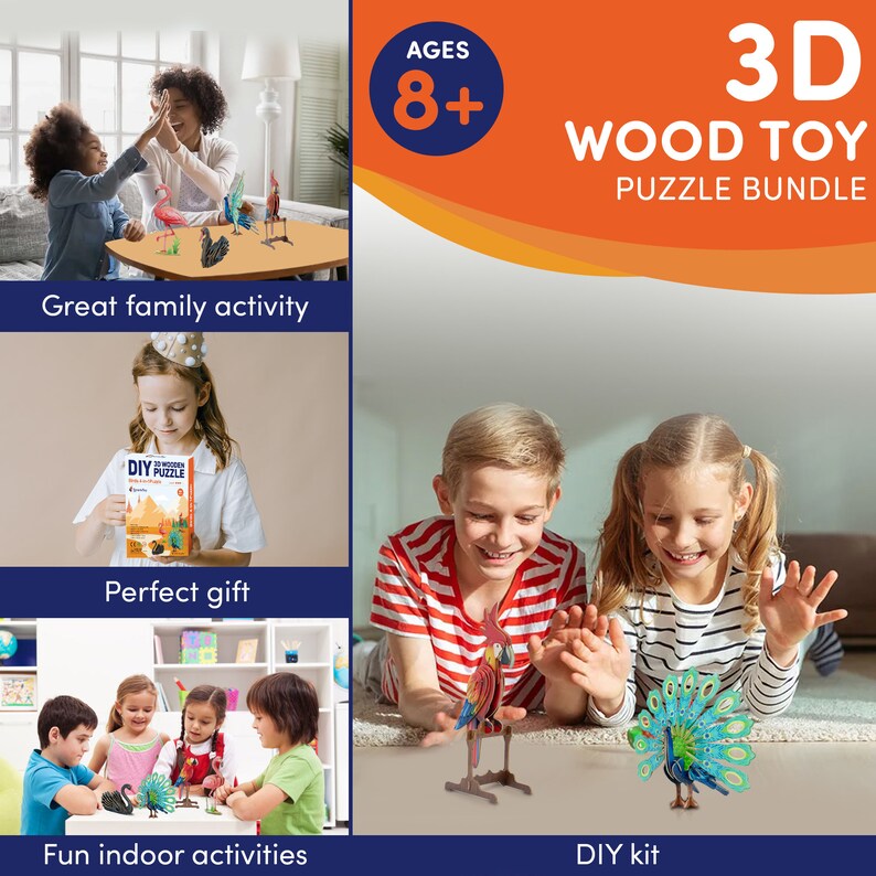 3D Wooden Puzzle 4 Colorful Toy Birds for Kids Model Building Kits ...