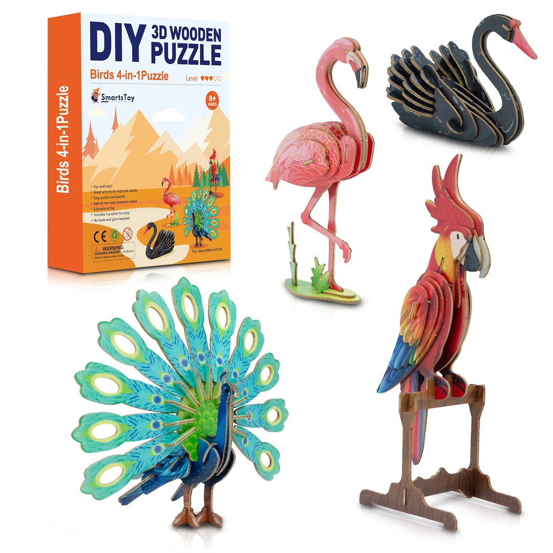 3D Wooden Puzzle – 4 Colorful Toy Birds for Kids Model Building Kits ...