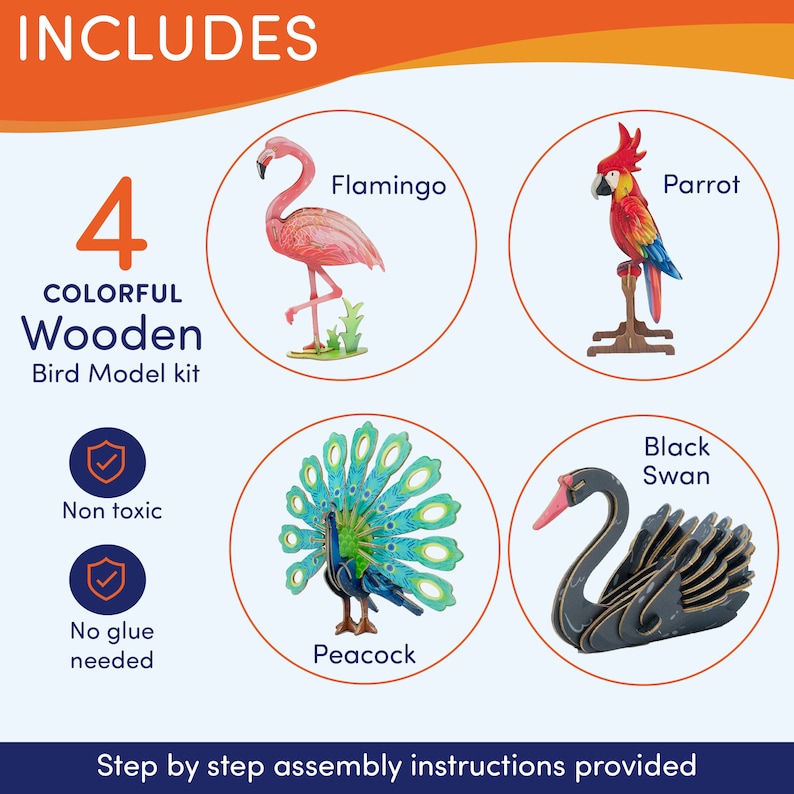 3D Wooden Puzzle – 4 Colorful Toy Birds for Kids Model Building Kits ...