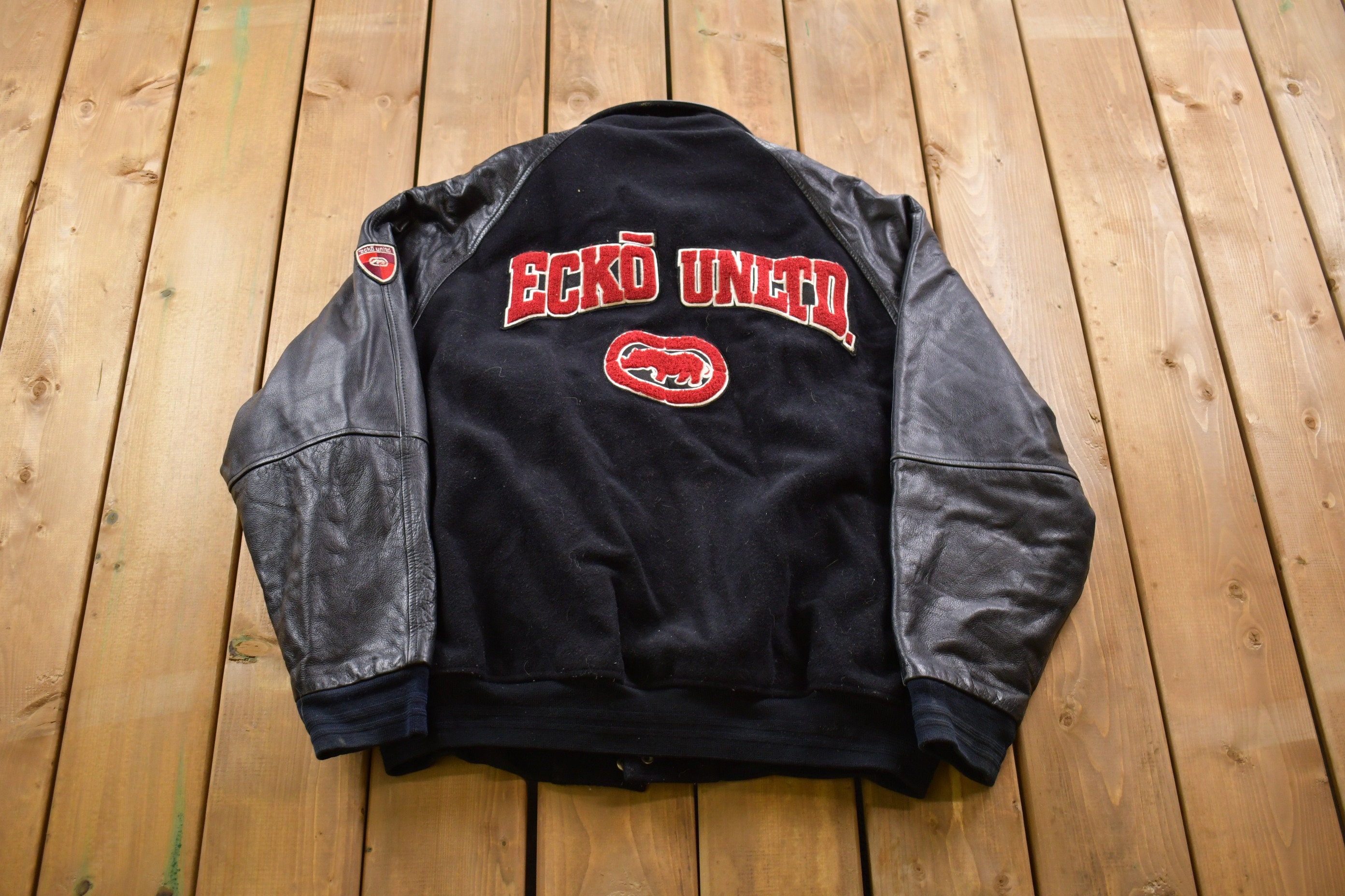 Vintage 1990s Ecko Unlimited Leather Varsity Jacket / Fall Vintage 1990s Ecko Unlimited Leather Varsity Jacket / Fall