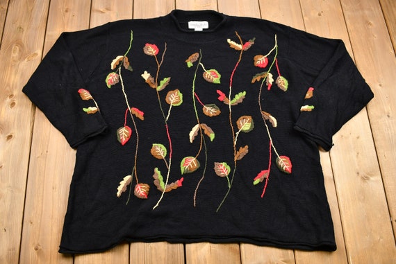 Vintage Autumnal Leaves Embroidered Knit Sweater / Si… - Gem