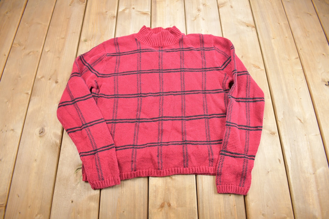 Vintage 1990s Christopher & Banks Plaid Mockneck Knit Sweater / Hand ...