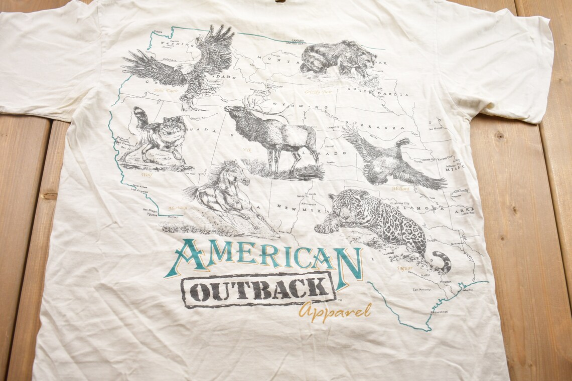 Vintage 1990s American Outback Apparel USA Map Animals Graphic T-shirt ...