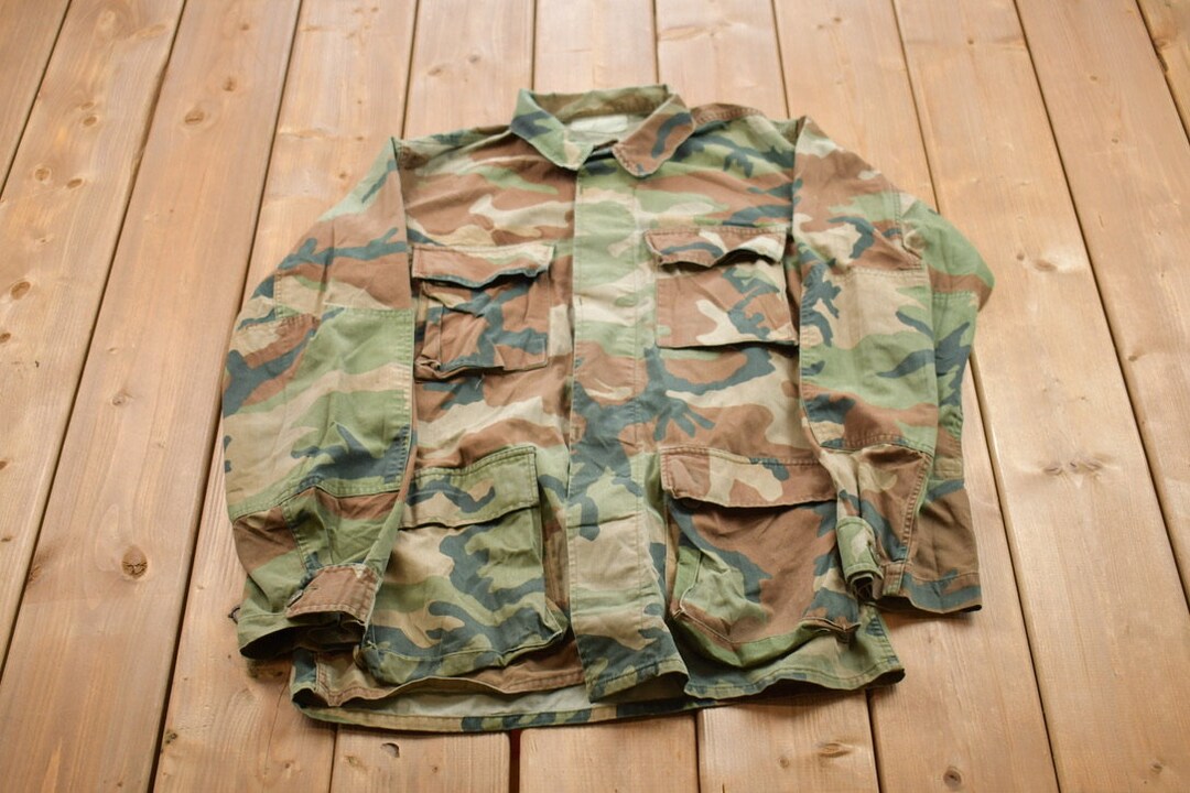 Vintage Military Button up Shirt / Army Green / Militaria / Patchwork ...