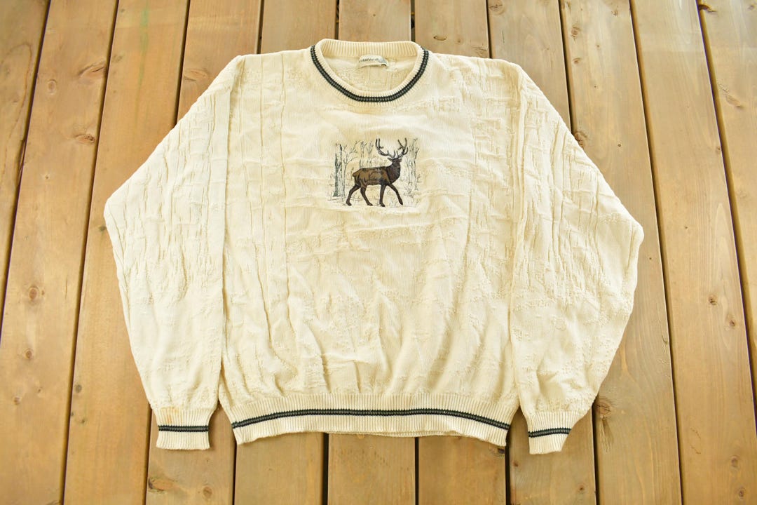 Vintage 1990s Fieldmaster Big Buck Deer Knit Crewneck Sweater Men's L ...
