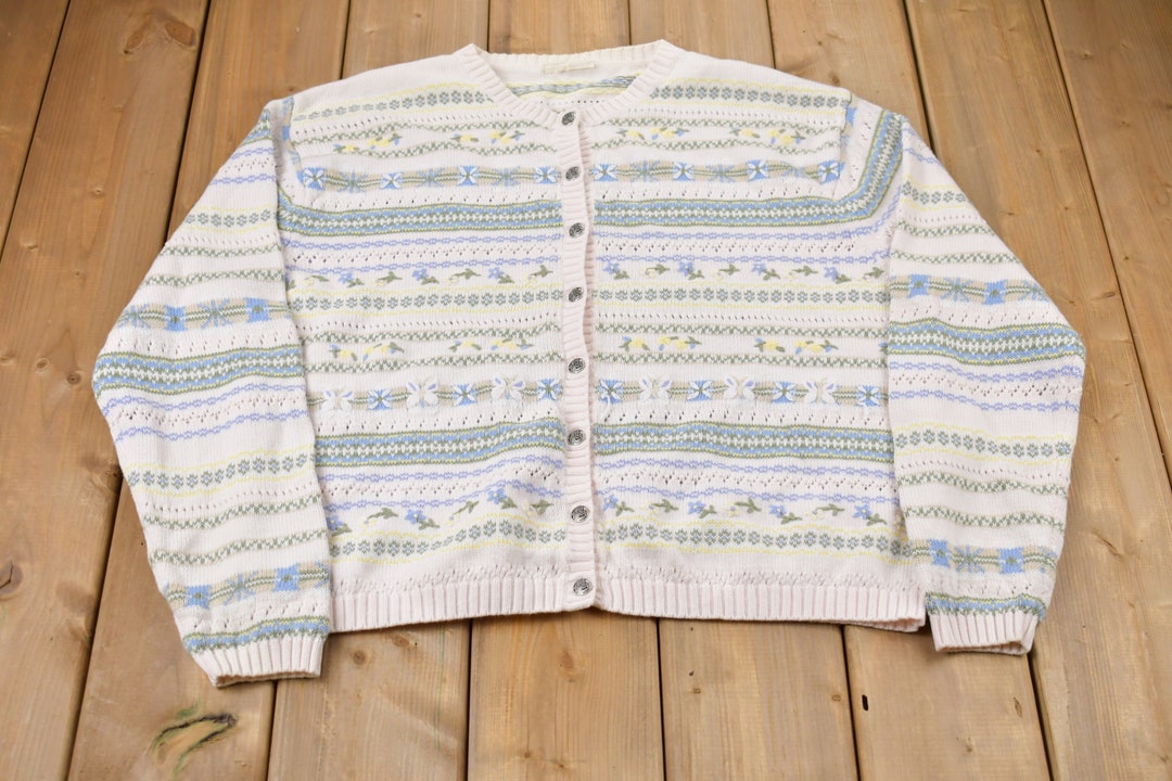 Vintage 1990s Floral Print Knitted Sweater / Vintage 90s Cardigan ...