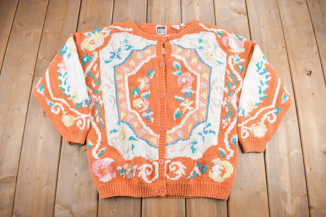 Vintage 1990s Orange Abstract Pattern Cardigan Sweater / Vintage ...