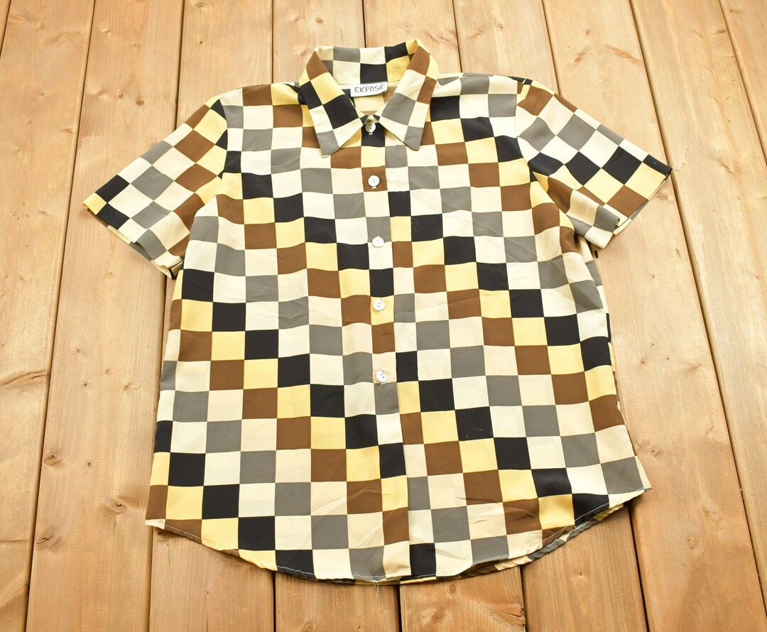 Vintage 1990s Expose Checked Pattern Button up Short Sleeve Shirt ...