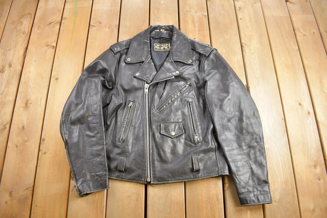 Vintage 1990s Open Road Leather Biker Jacket Size 40 / Motorcycle ...