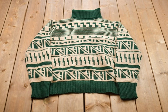Vintage 1990s Knit Patterned Turtleneck Sweater / Vin… - Gem