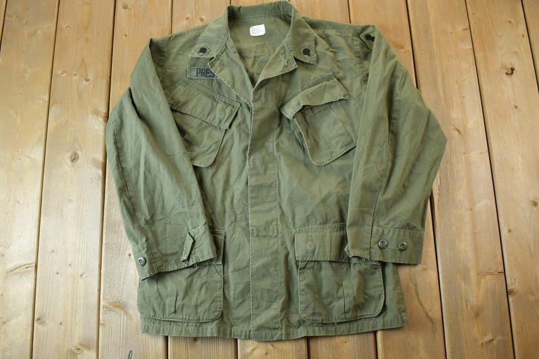 Vintage Military Button up Shirt/ / Army Green / Militaria / Patchwork ...