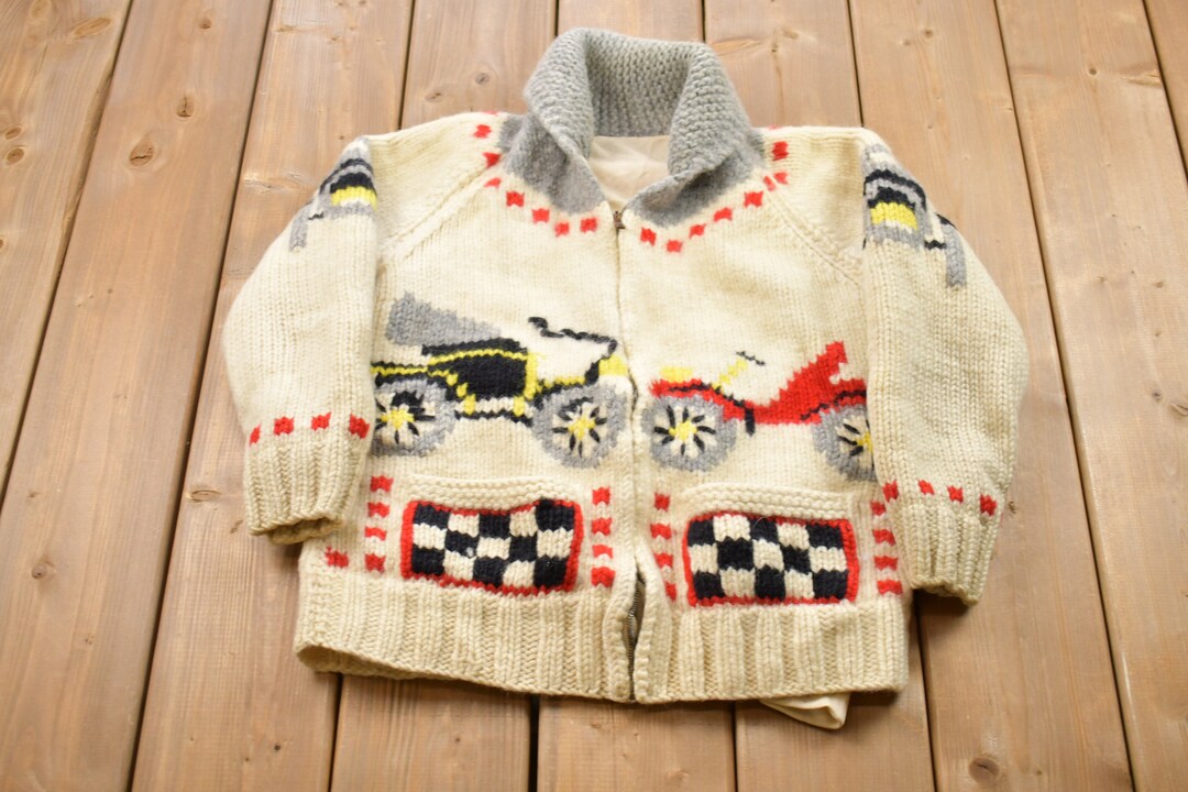 Vintage 1960s Car Graphic Cable Knit Curling Sweater / Vintage 80s ...