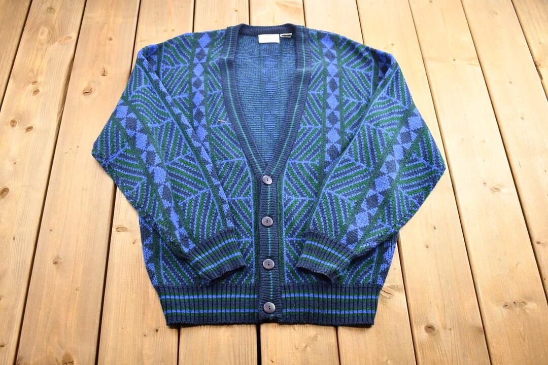 Vintage 1990s Sears Men's Store Blue and Green Abstract Printed Knit ...
