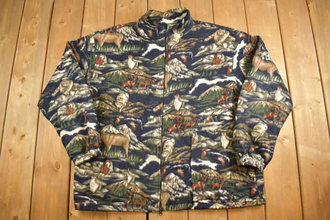 Vintage 1990s Outdoor Moose All Over Zip up Fleece Sweater / Outdoors ...