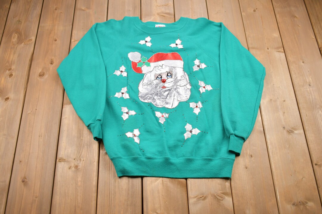 Vintage 1980s Santa Claus Christmas Sweater , Made in USA , 80s Holiday ...