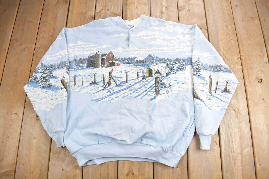 Vintage 1990s Winter Farm Theme All Over Print Sweater / Wrap Around ...