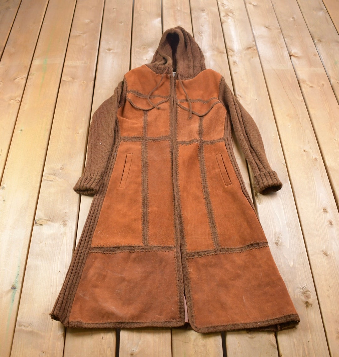 Vintage 1970s Weather Wise Crochet Knit Suede Full Length Hooded Light ...