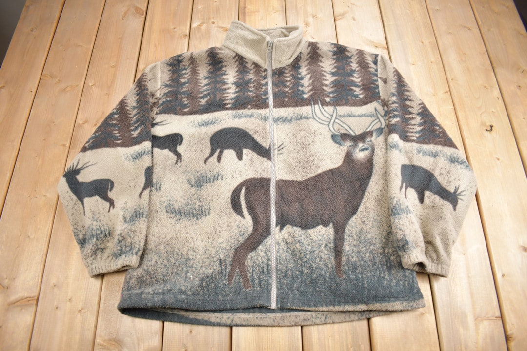 Vintage 1990s Deer & Wilderness Theme All Over Print Fleece Sweater ...